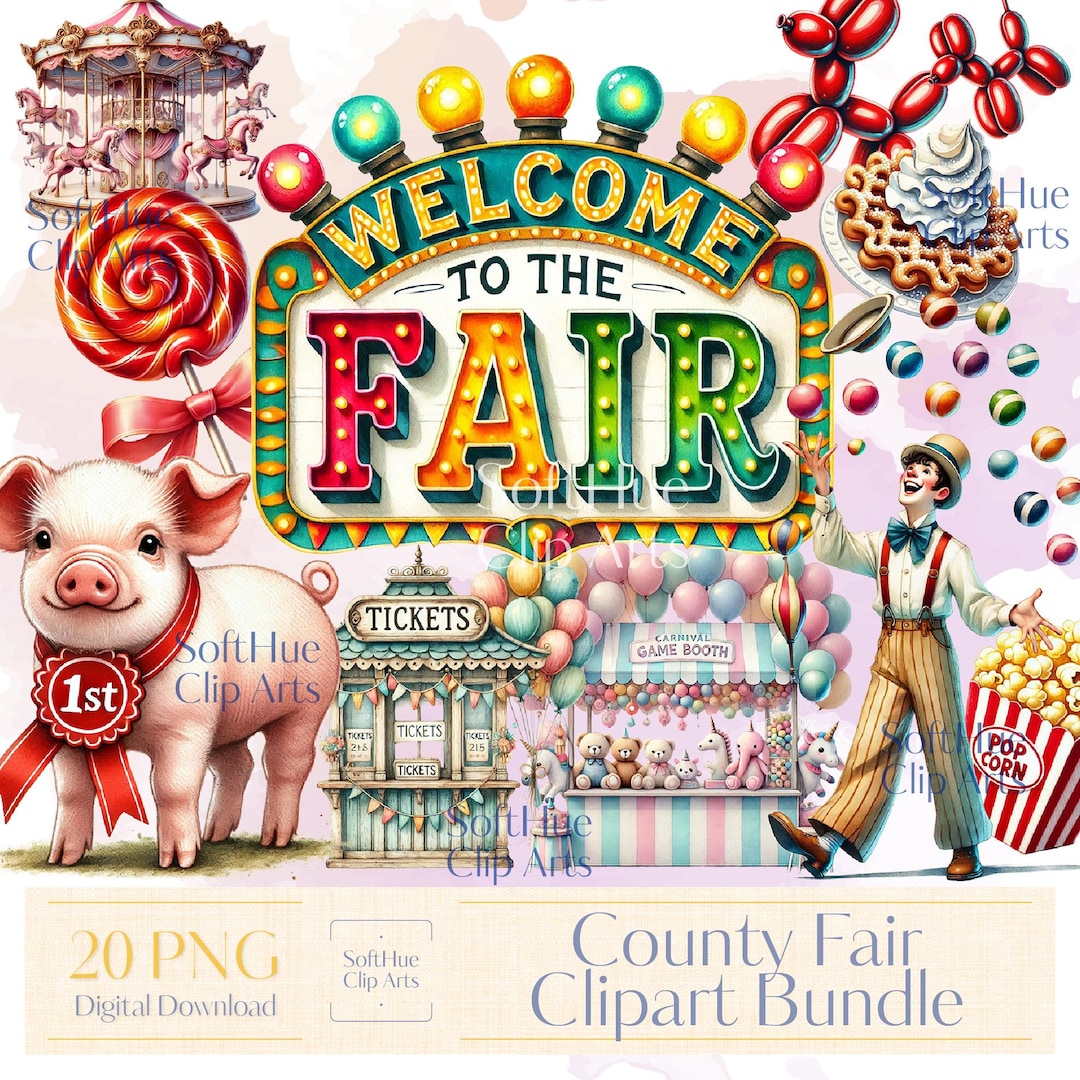 County Fair Clipart Bundle, Retro Watercolor Carnival Illustrations PNG ...