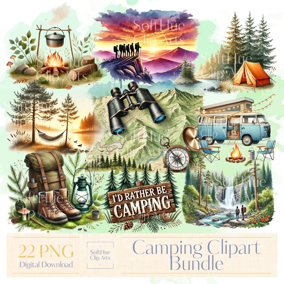 Camping Clipart Bundle, 22 Watercolor, Outdoor Adventure & Hiking Clip ...