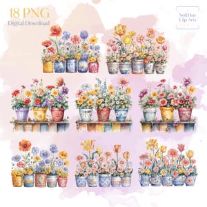 Watercolor Flower Pot Clipart Bundle, 18 PNG Floral Arrangements ...