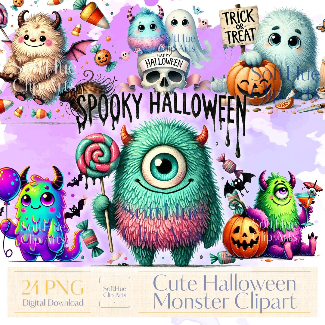 Cute Halloween Monster Clipart Bundle, 24 PNG Watercolor Spooky ...