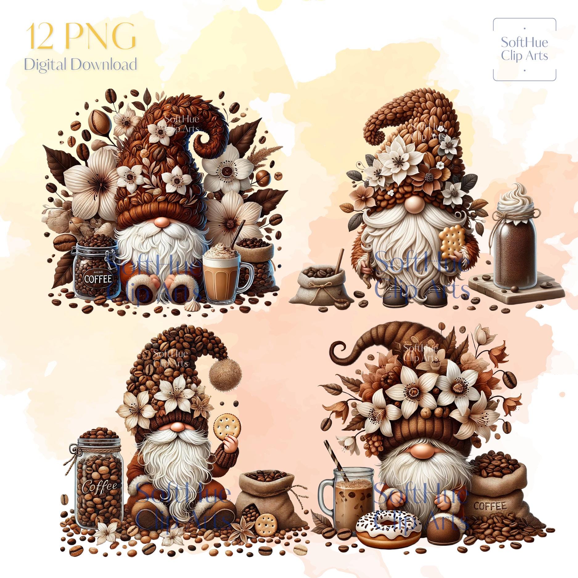 Coffee Gnome Clipart Bundle | 12 PNG Coffee Gnomes | Cute Barista ...