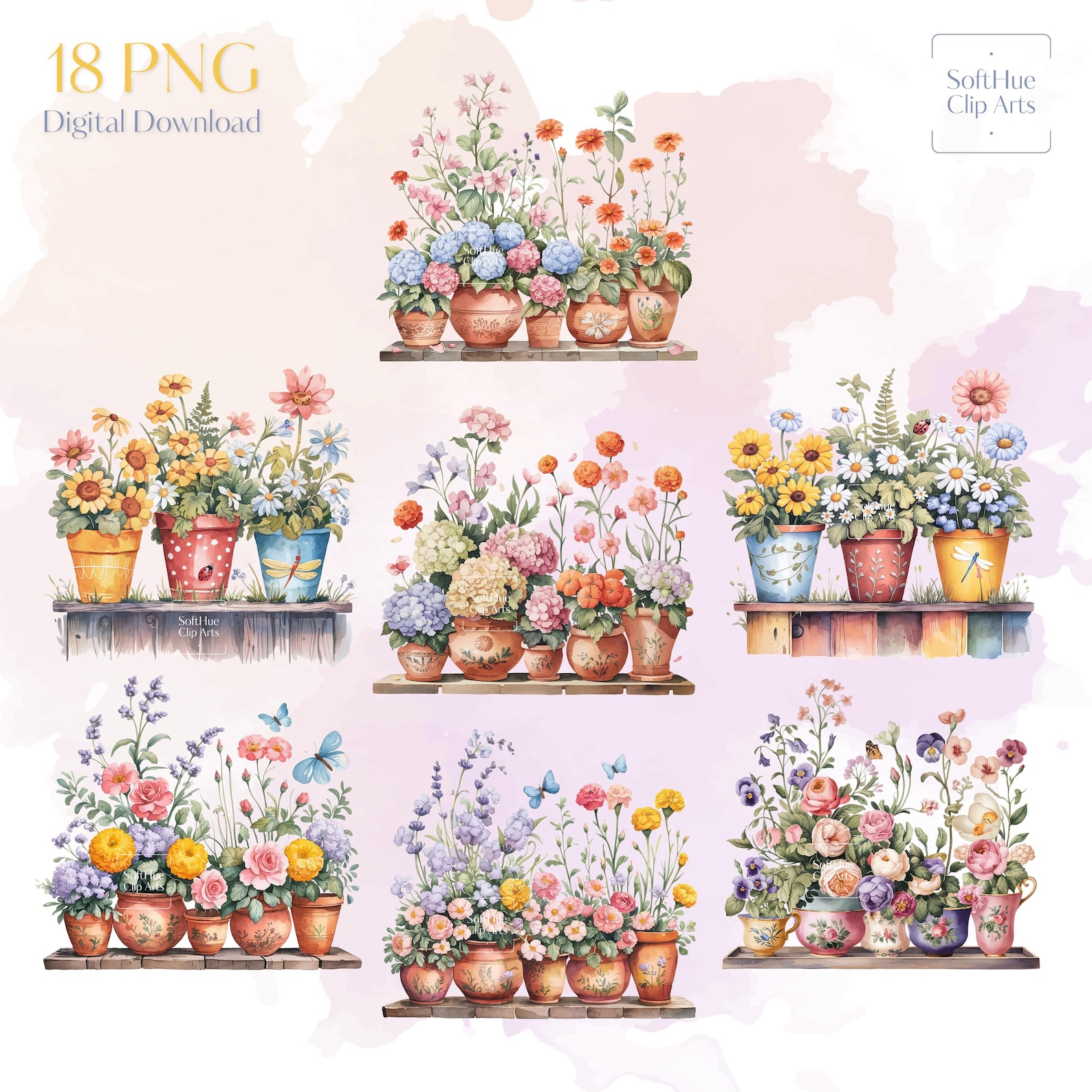 Watercolor Flower Pot Clipart Bundle, 18 PNG Floral Arrangements ...