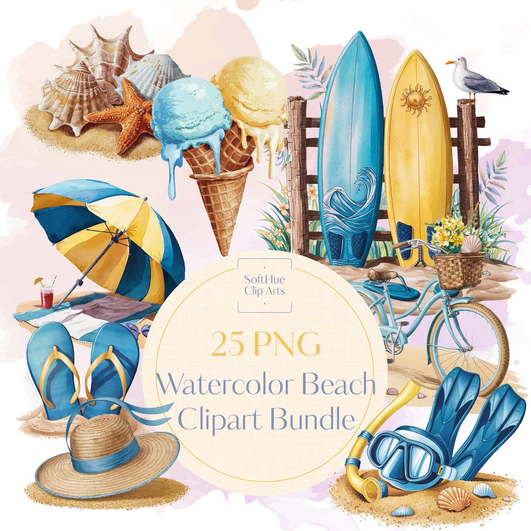Watercolor Beach Clipart Bundle, Summer Coastal Clip Art PNG, Beach ...