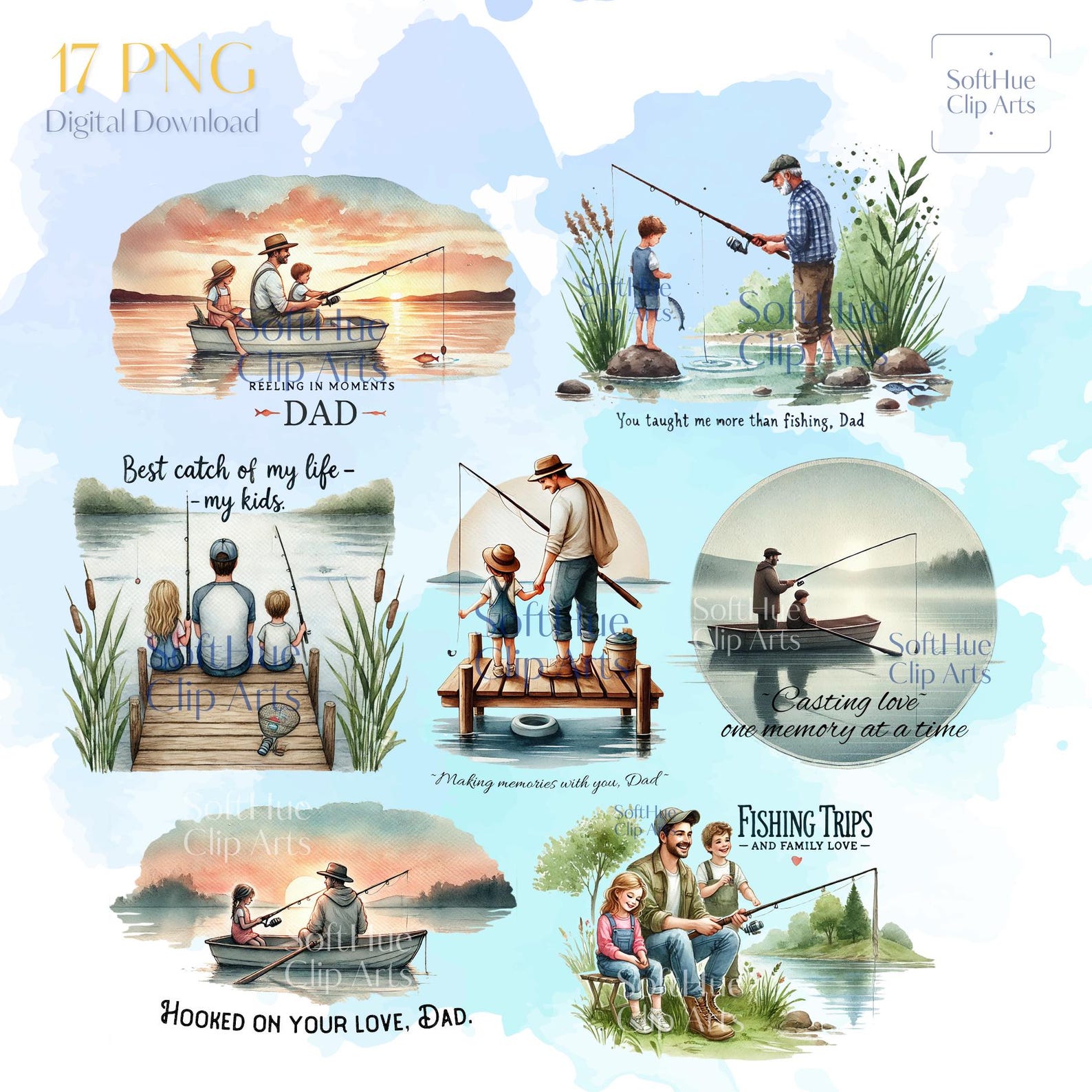 Father’s Day Fishing Clipart Bundle | Dad and Kids Watercolor PNG ...
