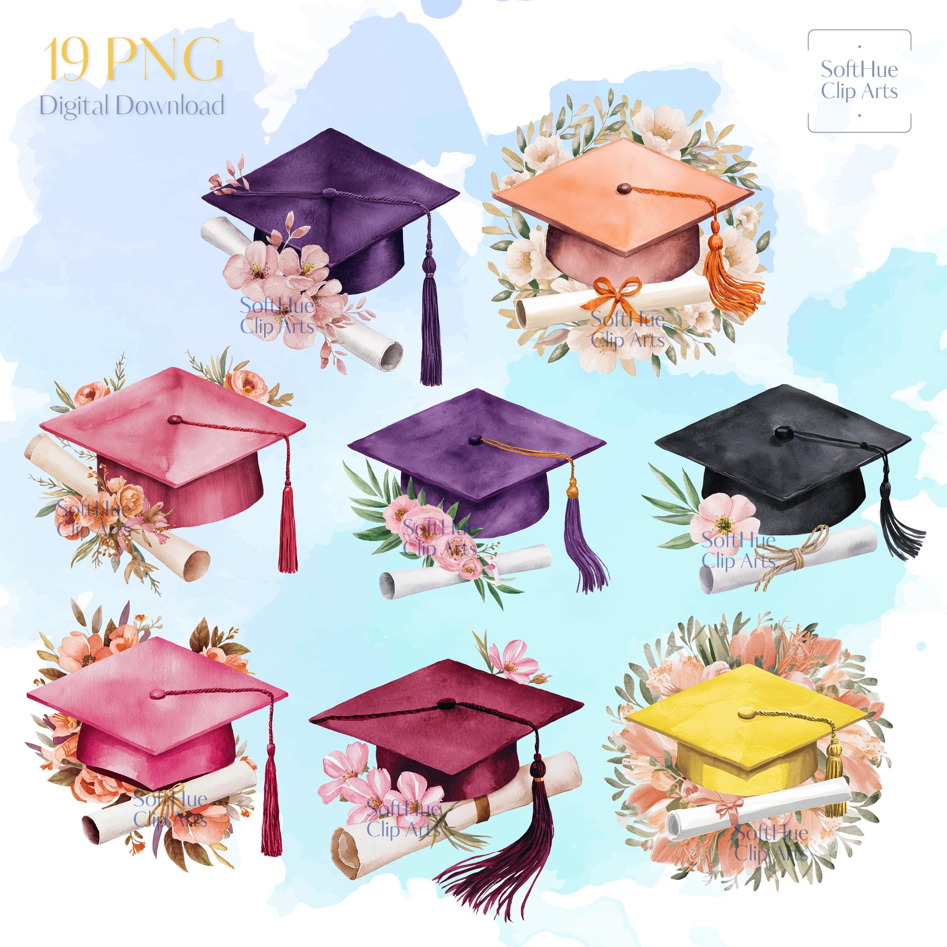 Watercolor Graduation Hat Clipart Bundle - 19 PNG Files, Graduation Cap ...