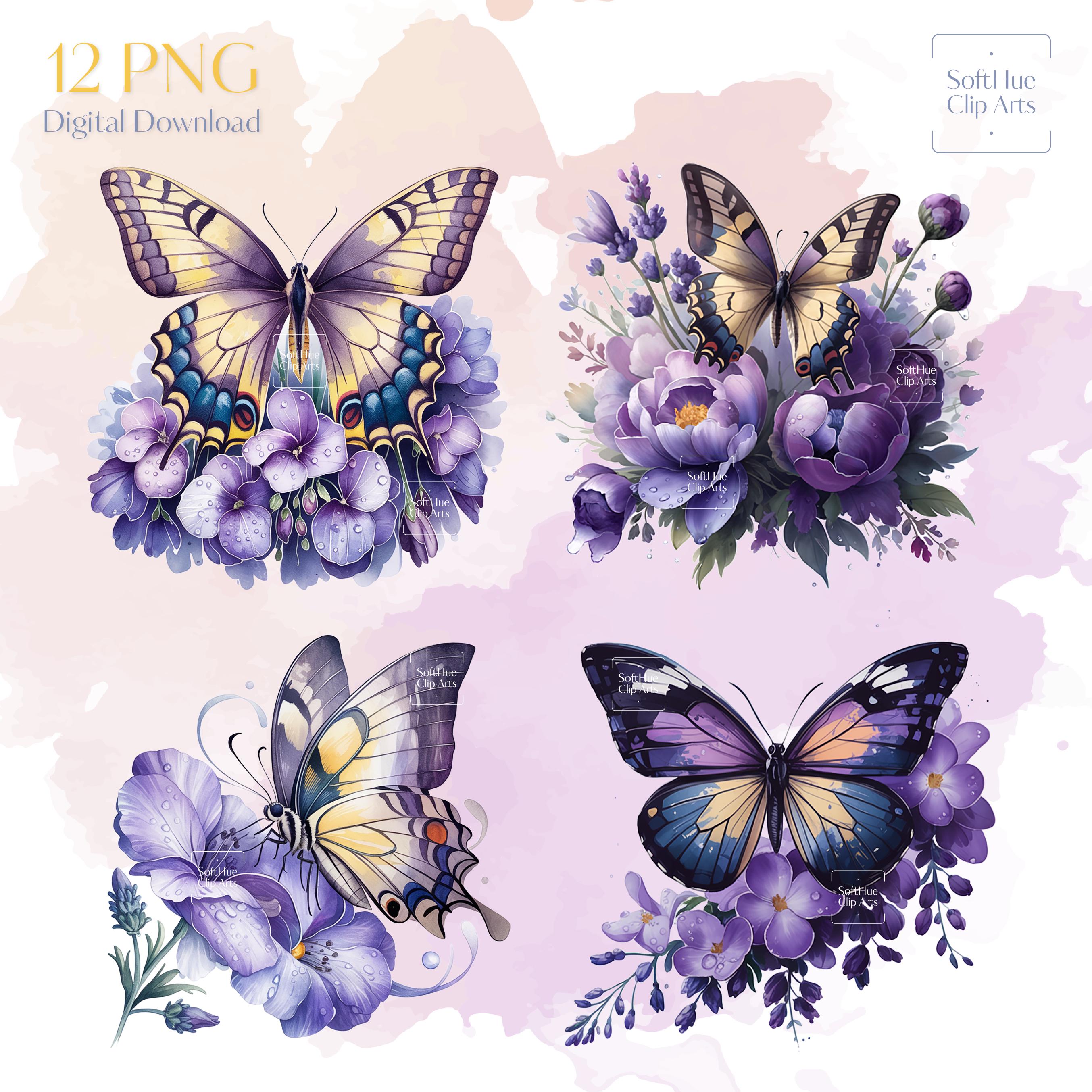Watercolor Butterfly & Floral Clipart, Spring PNG Set, Hand-painted ...