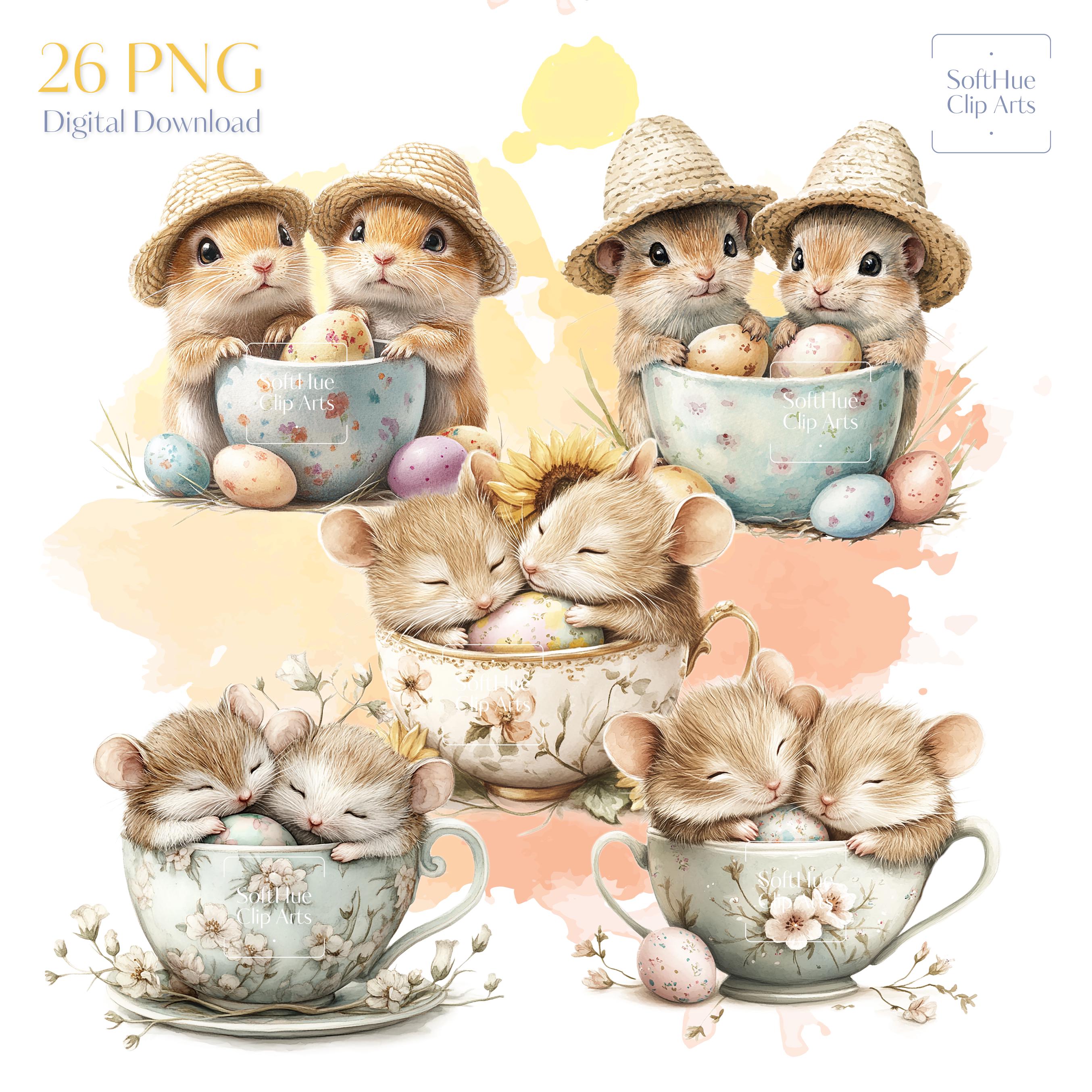 Mice in Tea Cup Clipart Bundle, 26 PNG Cute Mouse Illustrations ...