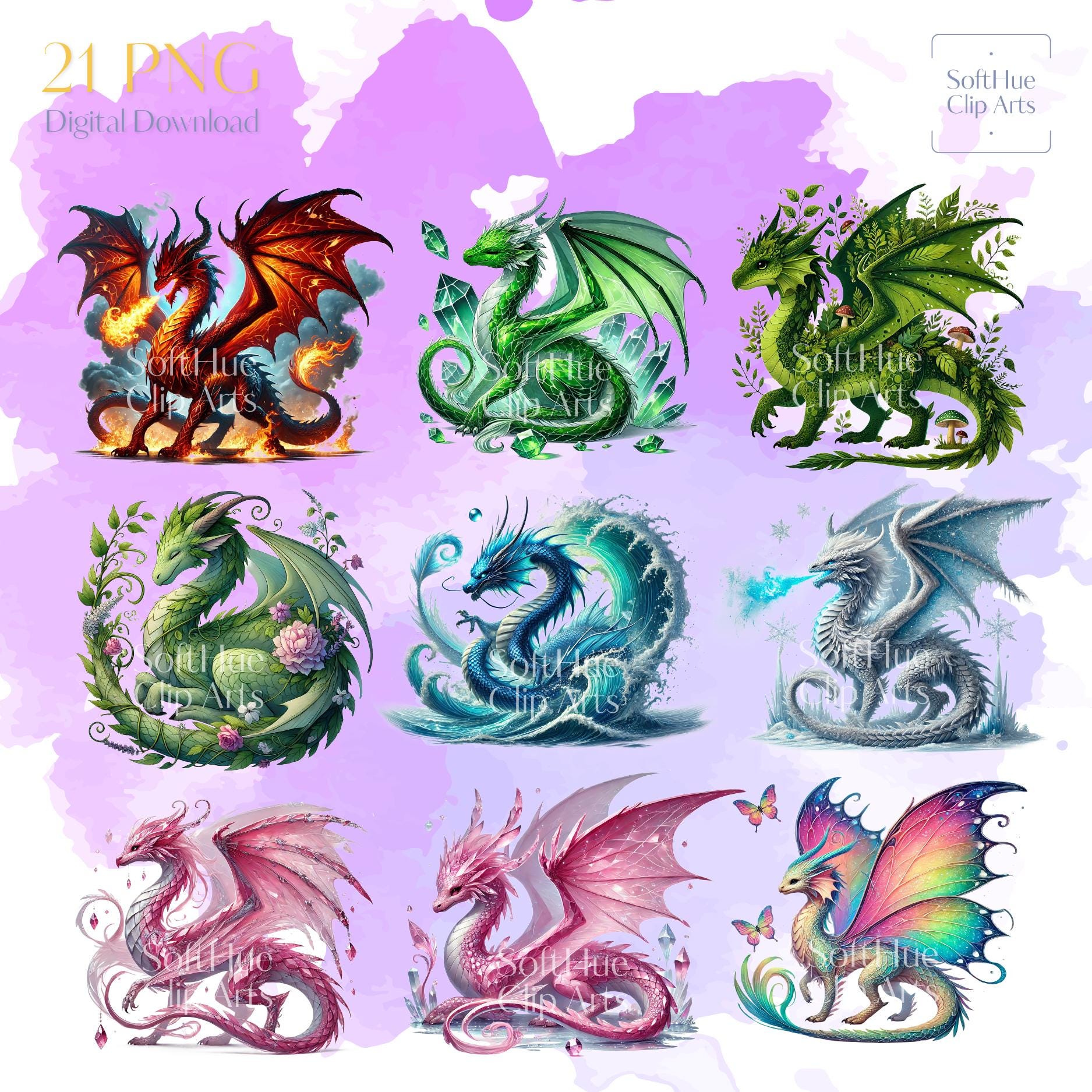 Fantasy Dragon Clipart Bundle – 21 PNG Magical Dragons, Watercolor ...