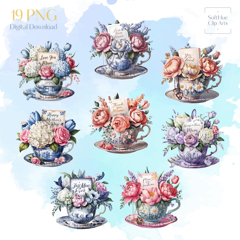 Mother’s Day Teacup Floral Clipart Bundle, Vintage Tea Cup Flower PNG ...