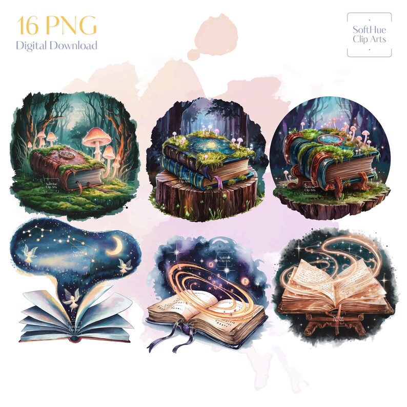 Fantasy Magic Book Clipart, 16 Watercolor PNG, Enchanted Spell Book Art ...