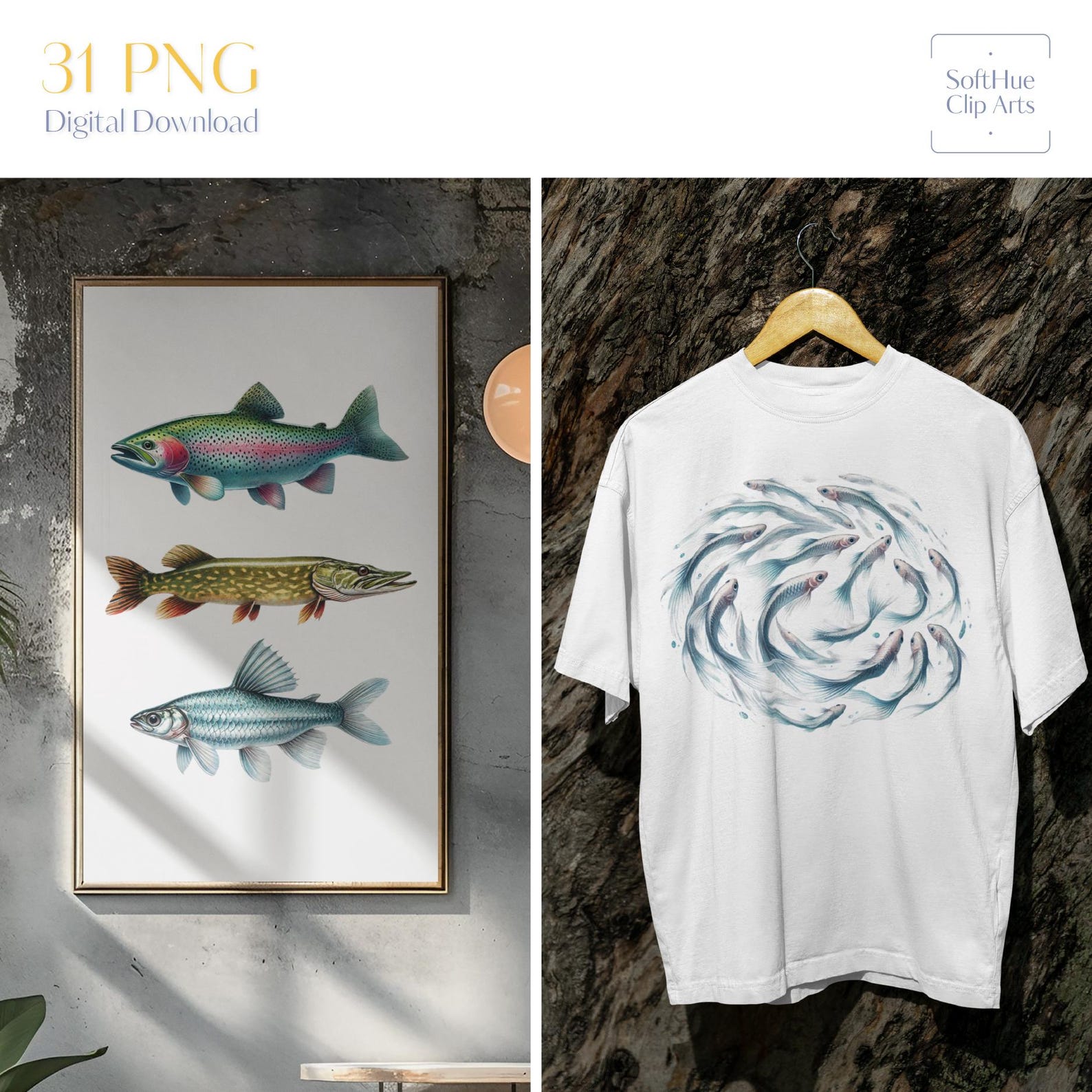 Freshwater Fish Clipart Bundle, 31 Watercolor Fishing Pngs, Bass Trout ...