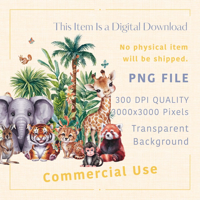 64 Watercolor Zoo Animals Clipart, Forest & Underwater PNG, Mammals ...