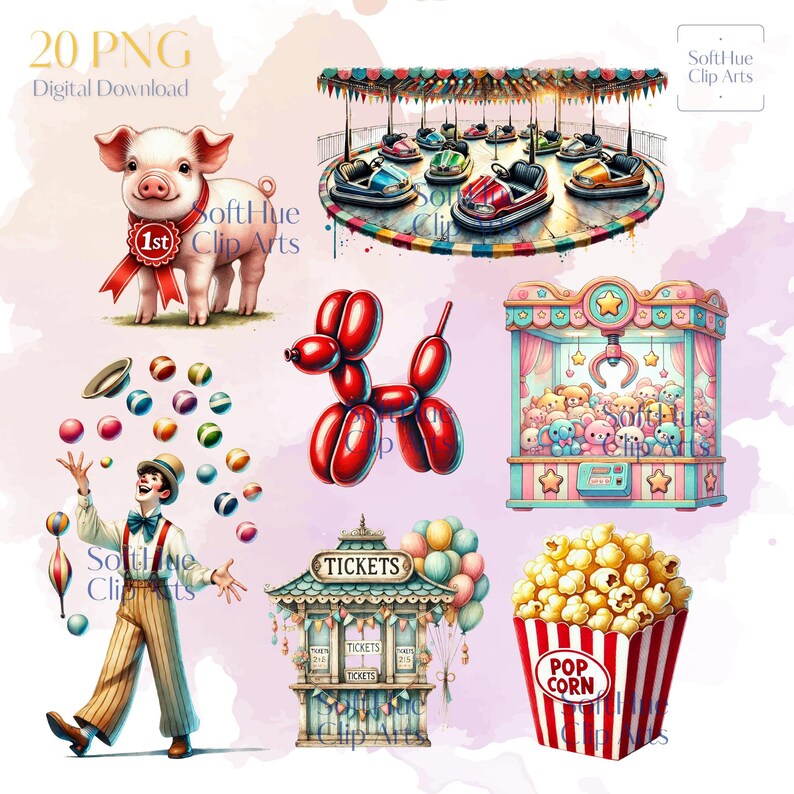 County Fair Clipart Bundle, Retro Watercolor Carnival Illustrations PNG ...