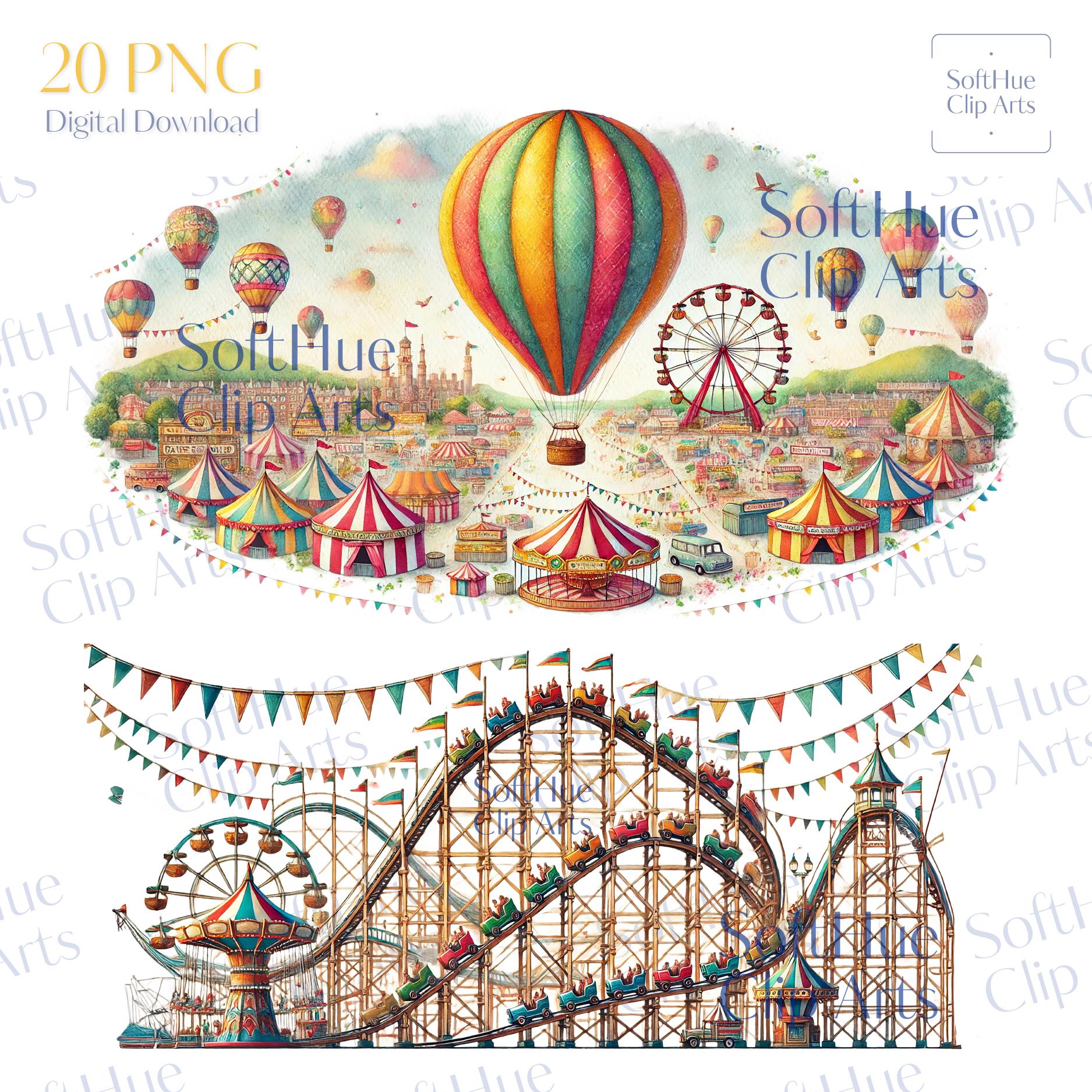 County Fair Clipart Bundle, Retro Watercolor Carnival Illustrations PNG ...