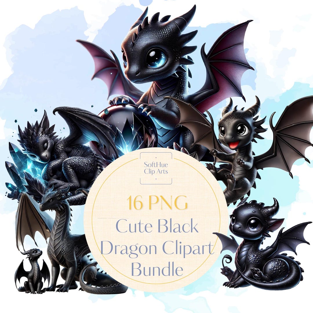 Cute Black Dragon Clipart Bundle PNG, Baby Dragon Digital Art, Fantasy ...