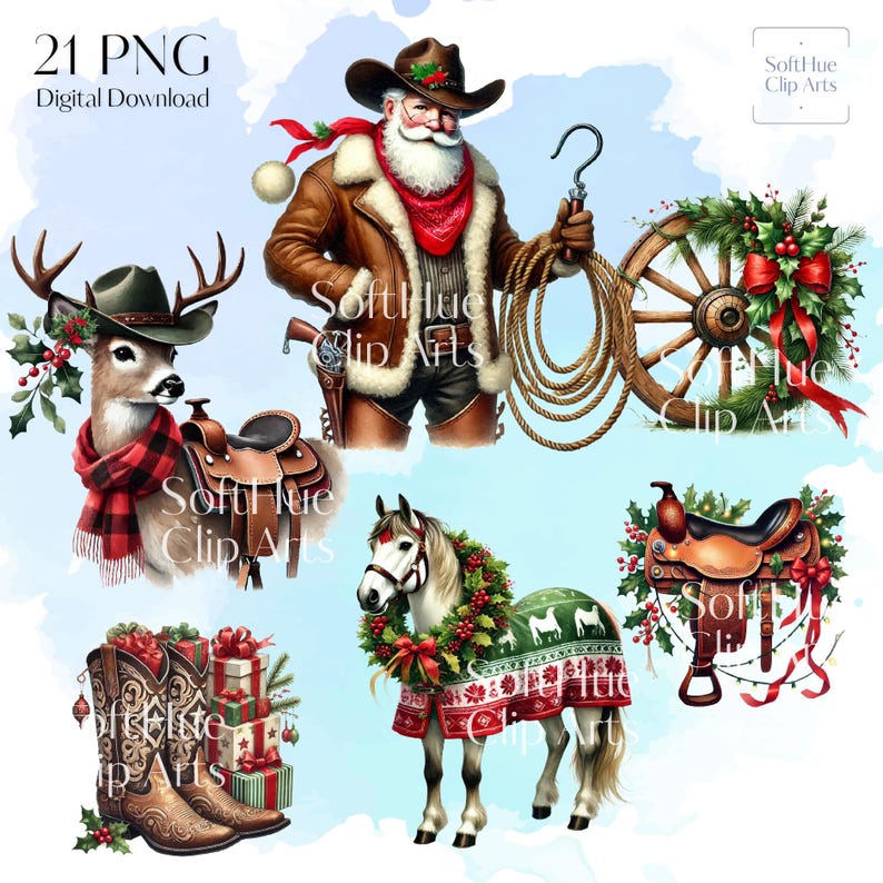Christmas Western Clipart Bundle, Cowboy Christmas PNG Set, Country ...