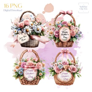 Happy Mother's Day Floral Basket Clipart Bundle, Watercolor Mother's ...
