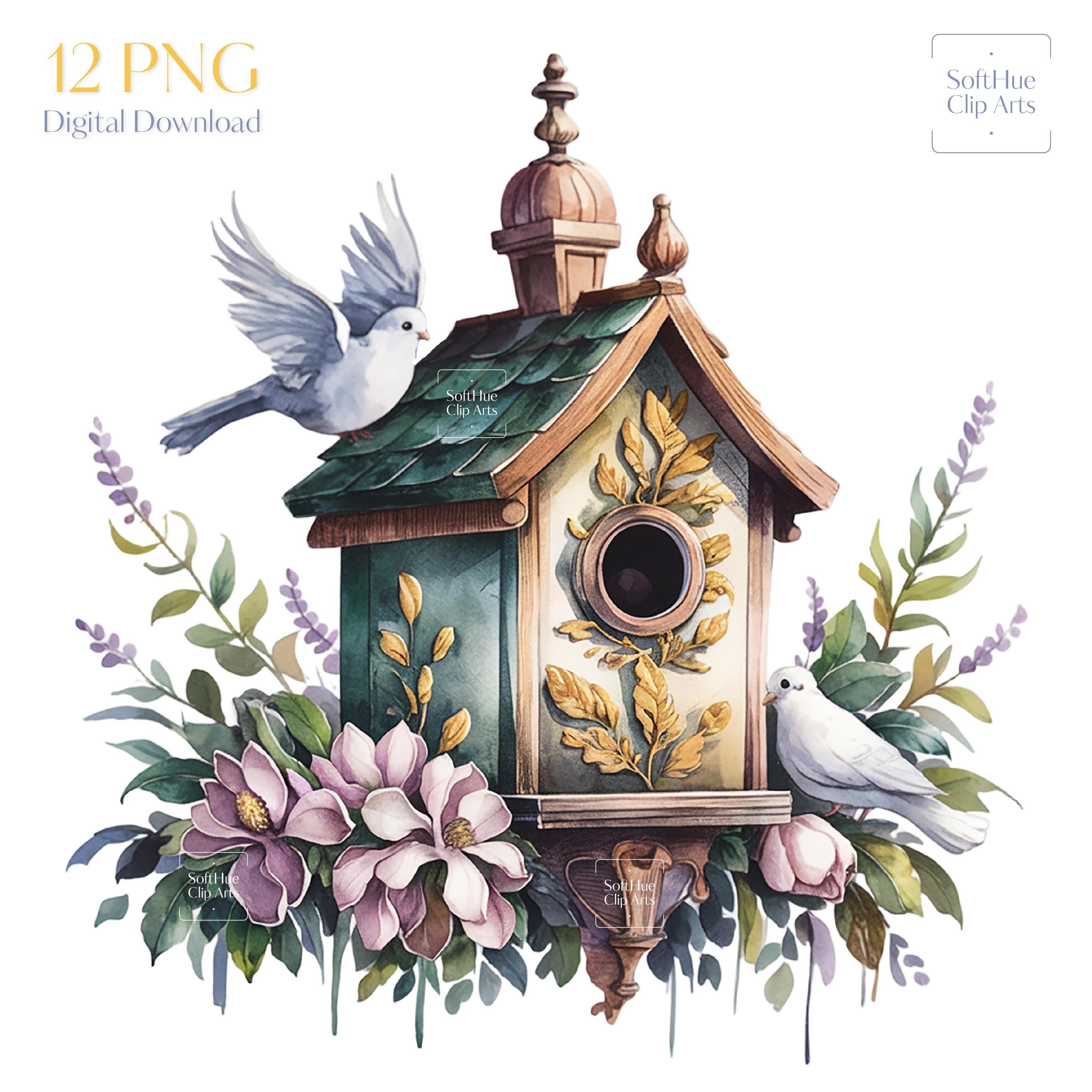 Spring Floral Birdhouse Clipart Bundle, 12 PNG Watercolor Birdhouse ...