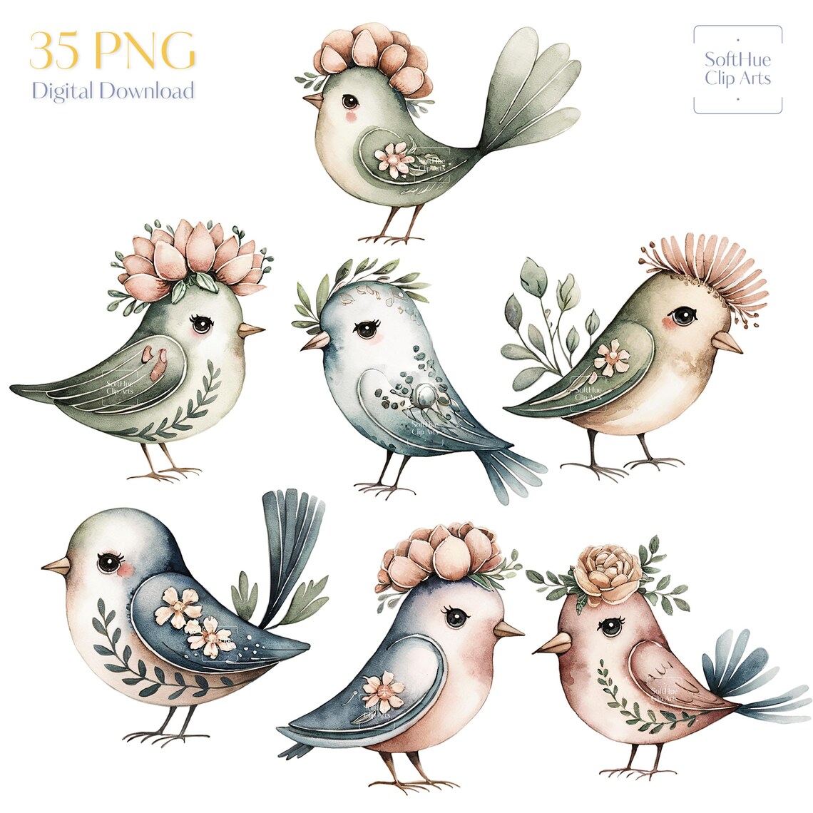 Cute Whimsical Floral Birds Clipart, 35 PNG, Scandinavian Style Bird ...