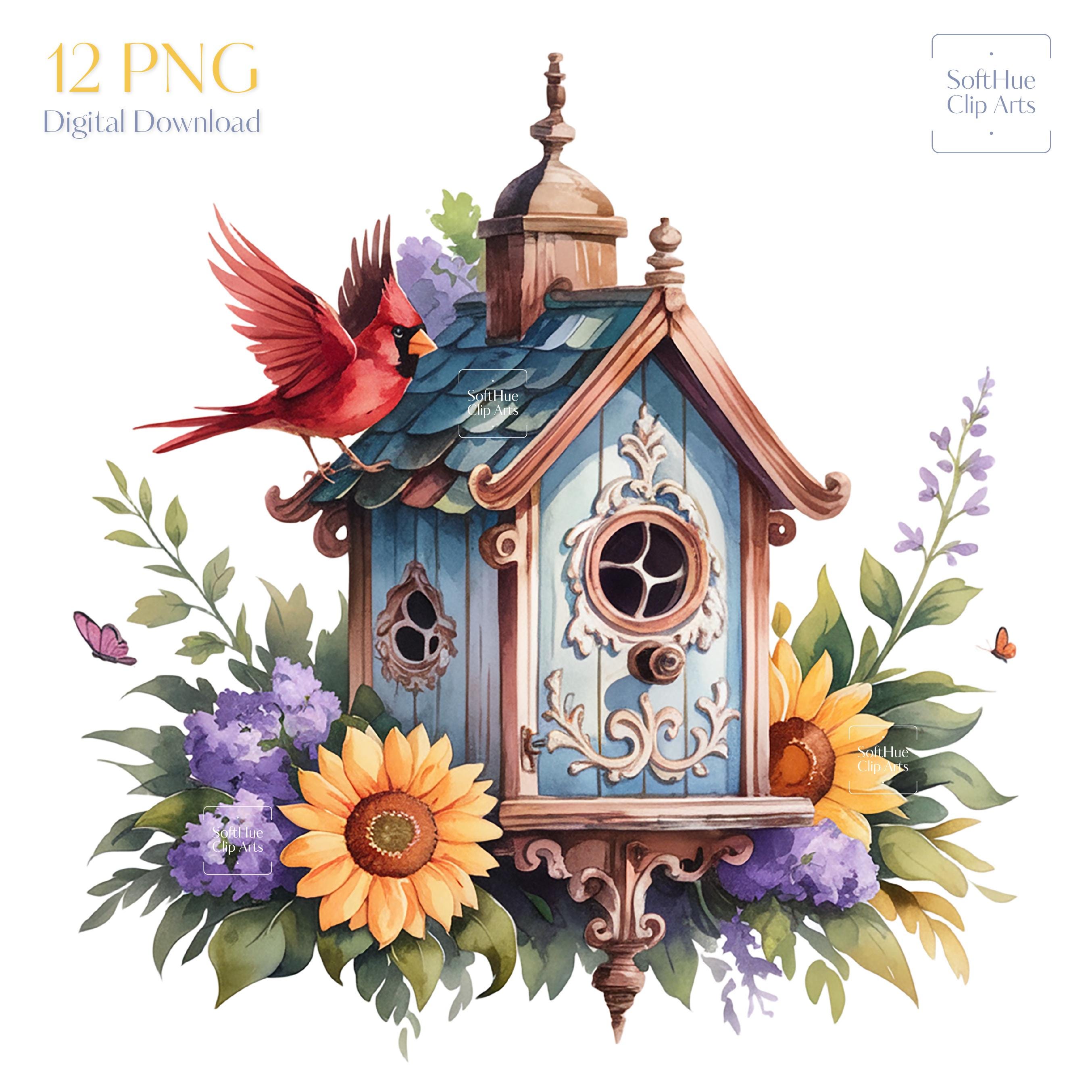 Spring Floral Birdhouse Clipart Bundle, 12 PNG Watercolor Birdhouse ...