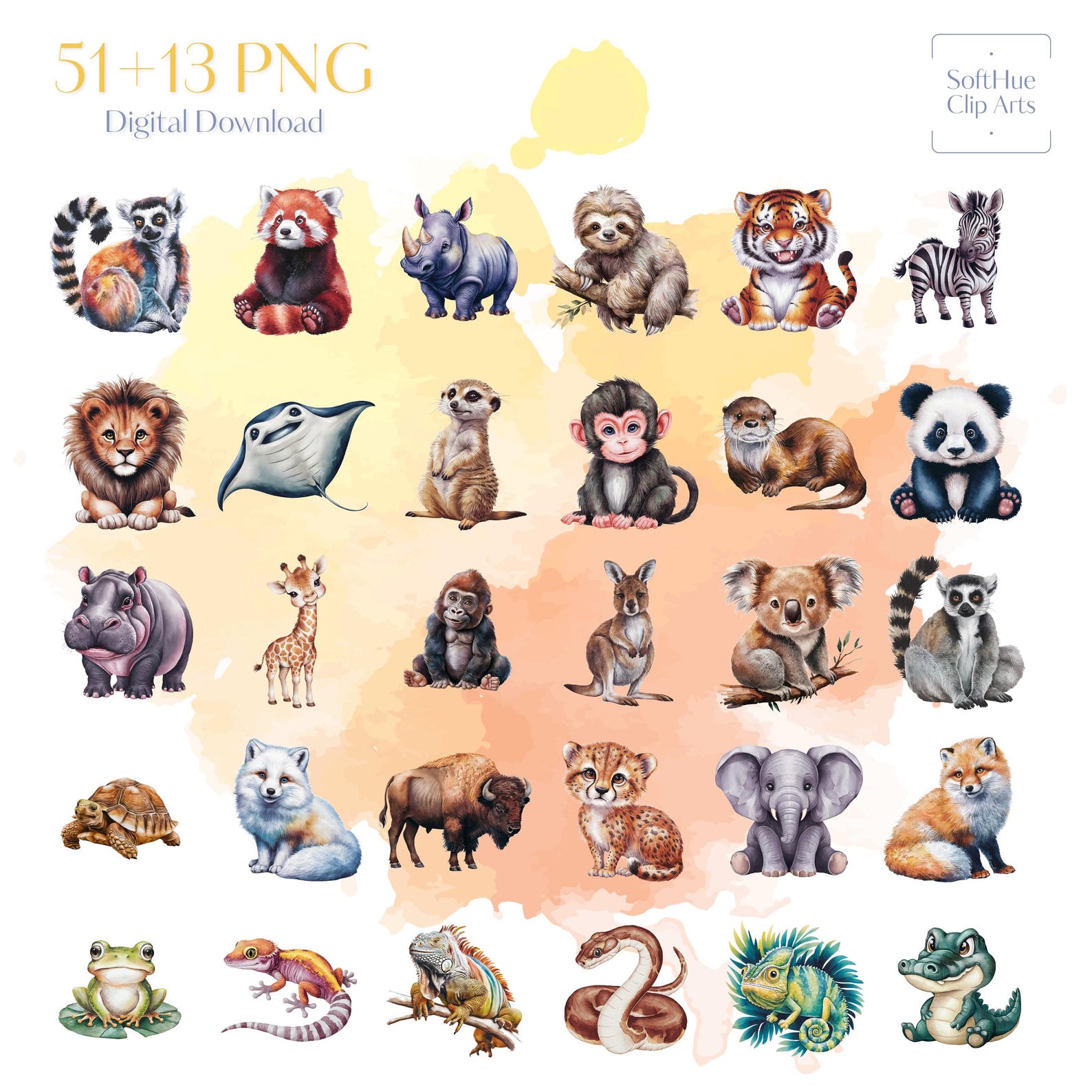 64 Watercolor Zoo Animals Clipart, Forest & Underwater PNG, Mammals ...