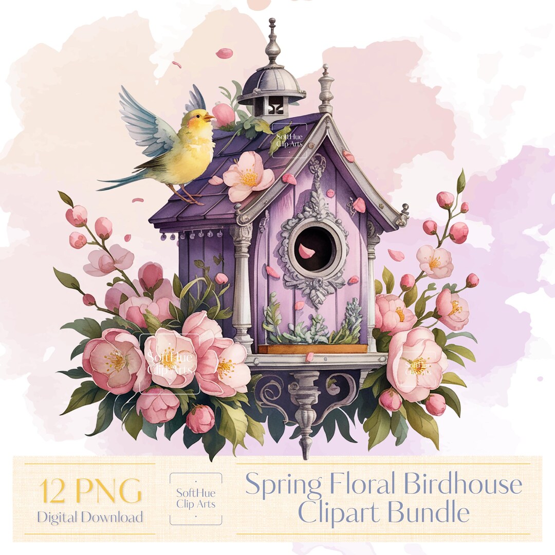 Spring Floral Birdhouse Clipart Bundle, 12 PNG Watercolor Birdhouse ...