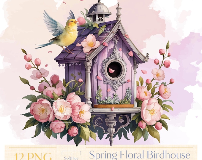 28 JPG Birdhouse Watercolor Clipart, Spring Garden Bird, Rustic Floral ...