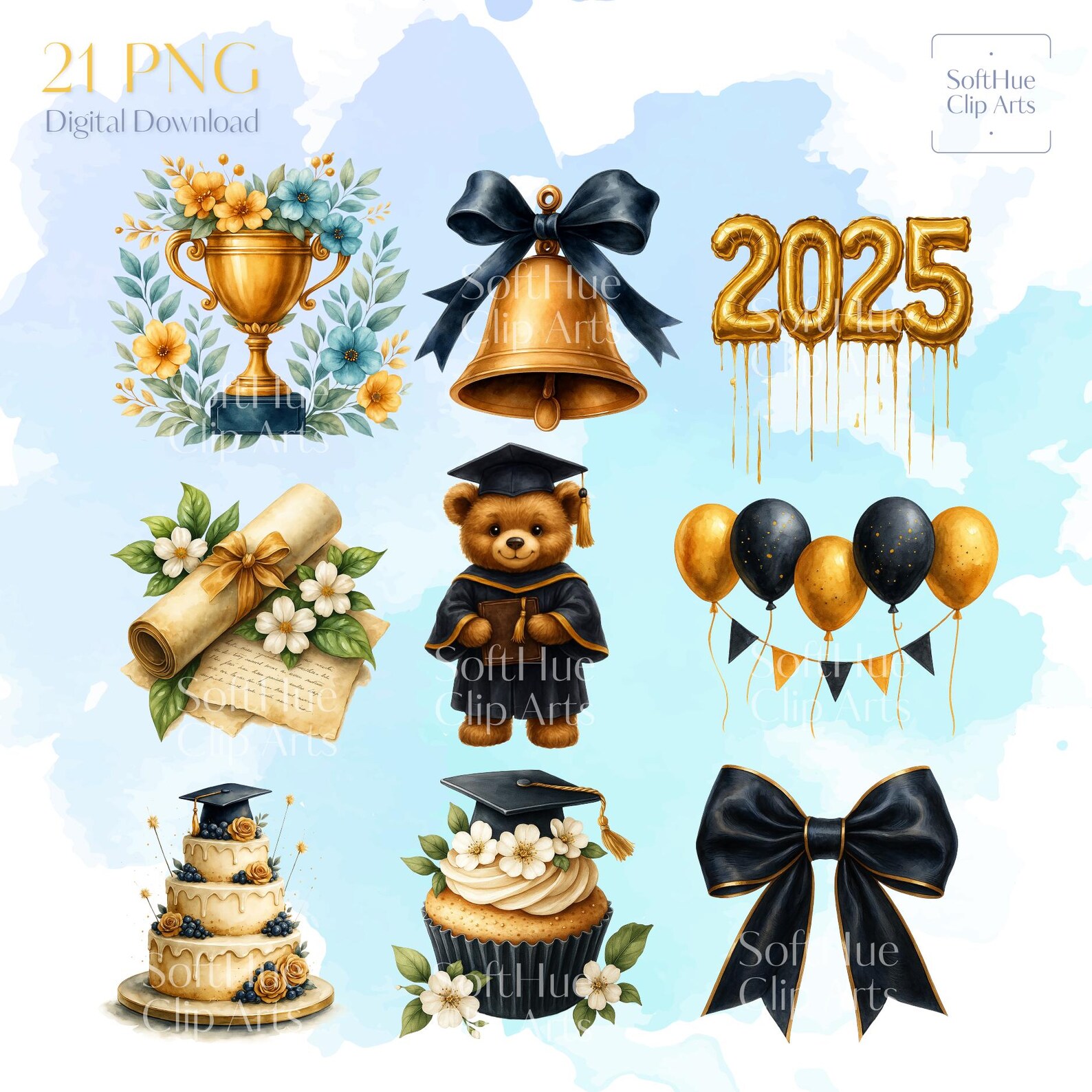 Graduation Clipart Bundle | 21 PNG Watercolor Graduation Cap, Gown ...