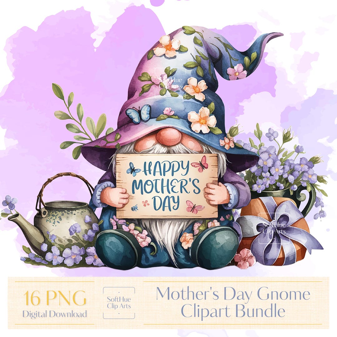 Mother's Day Gnome Clipart Bundle, 16 PNG Watercolor Illustrations ...