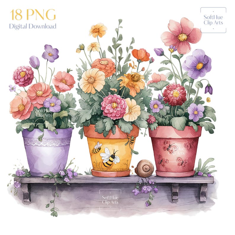 Watercolor Flower Pot Clipart Bundle, 18 PNG Floral Arrangements ...