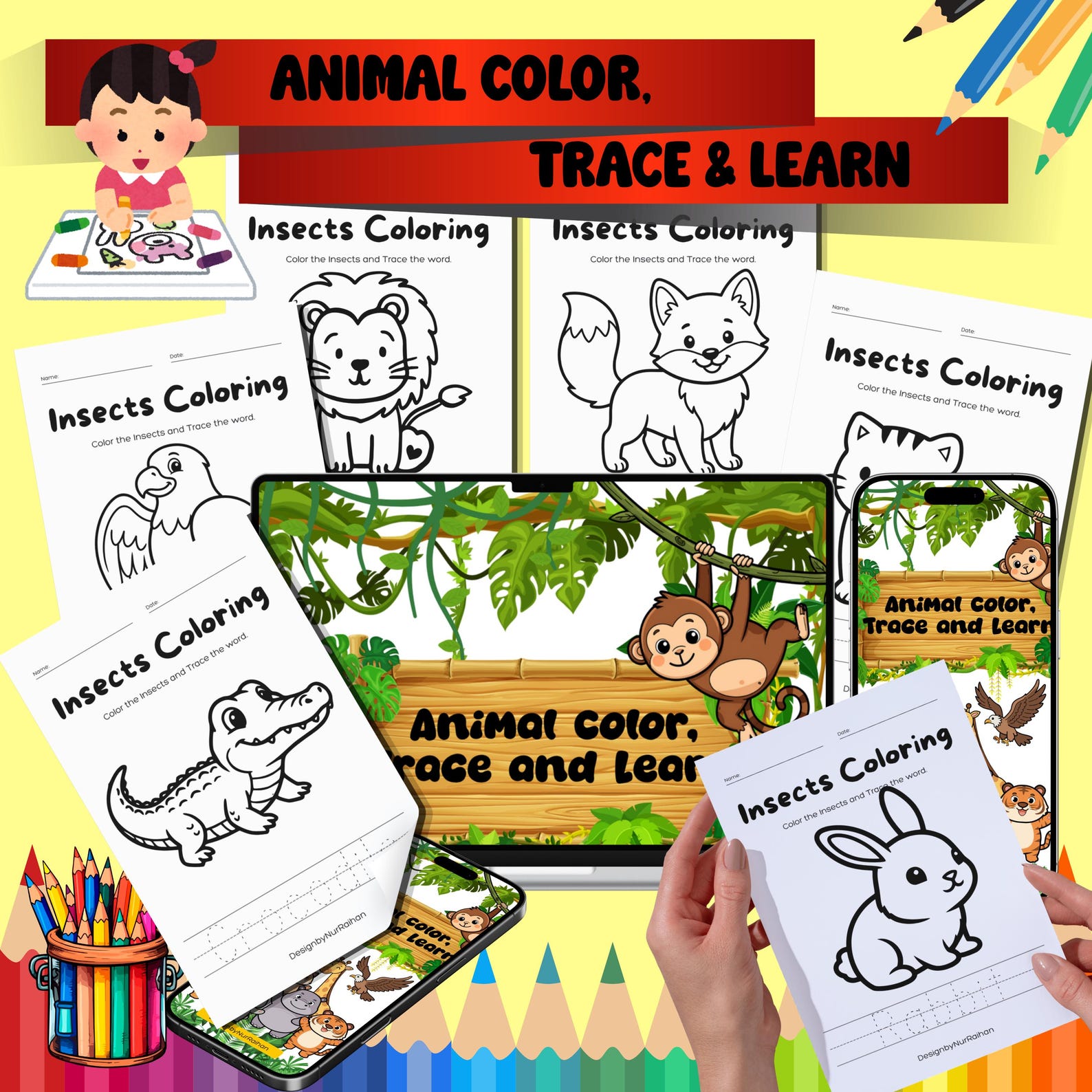 Worksheet Animals Coloring Book for Kids | Trace and Learn Workbook ...