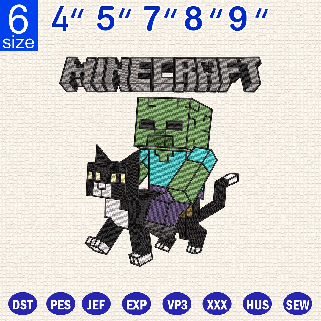 Pixel Zombie Embroidery, Blocky Cat Design, Video Game Style Stitch ...
