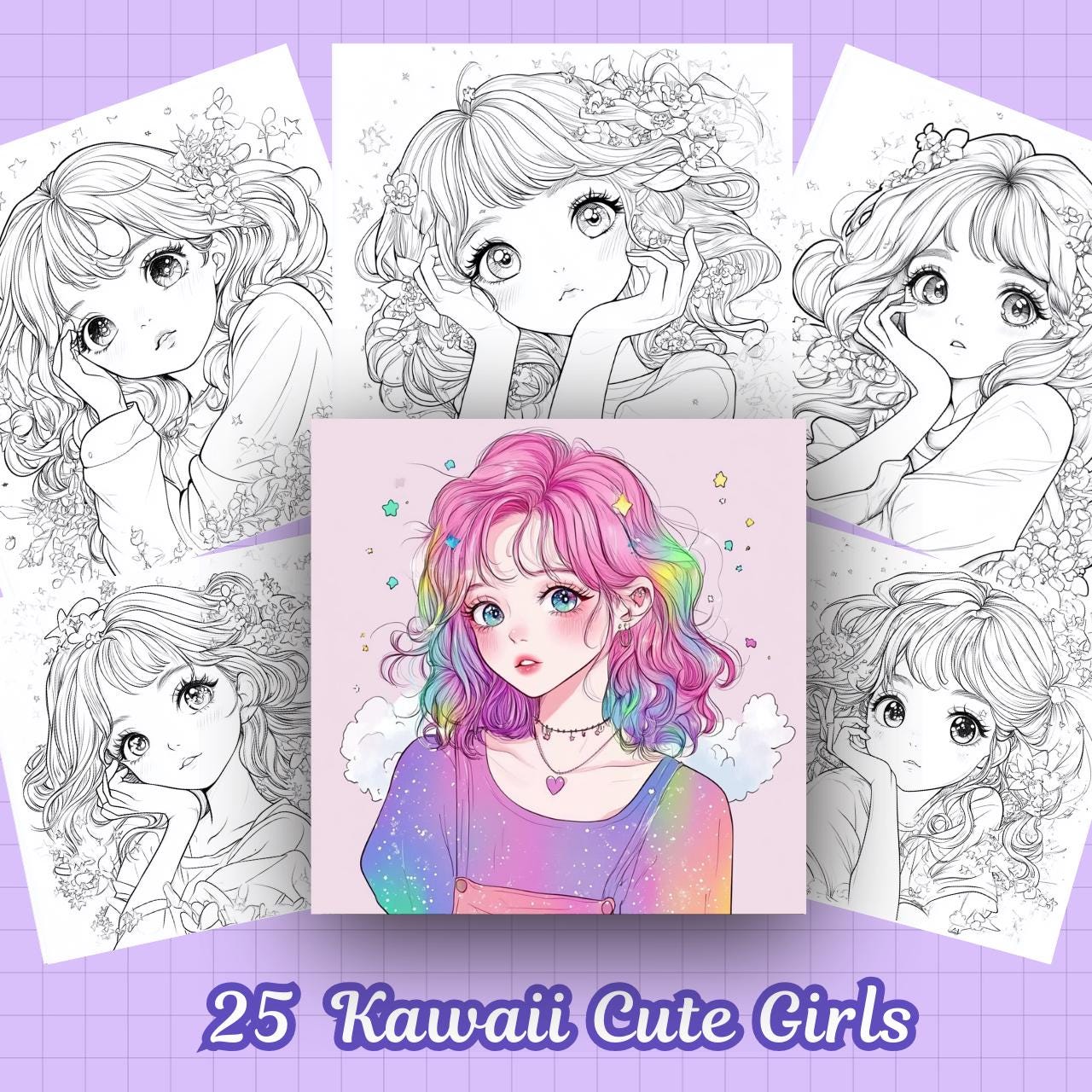 Kawaii Girls Coloring Pages - Etsy