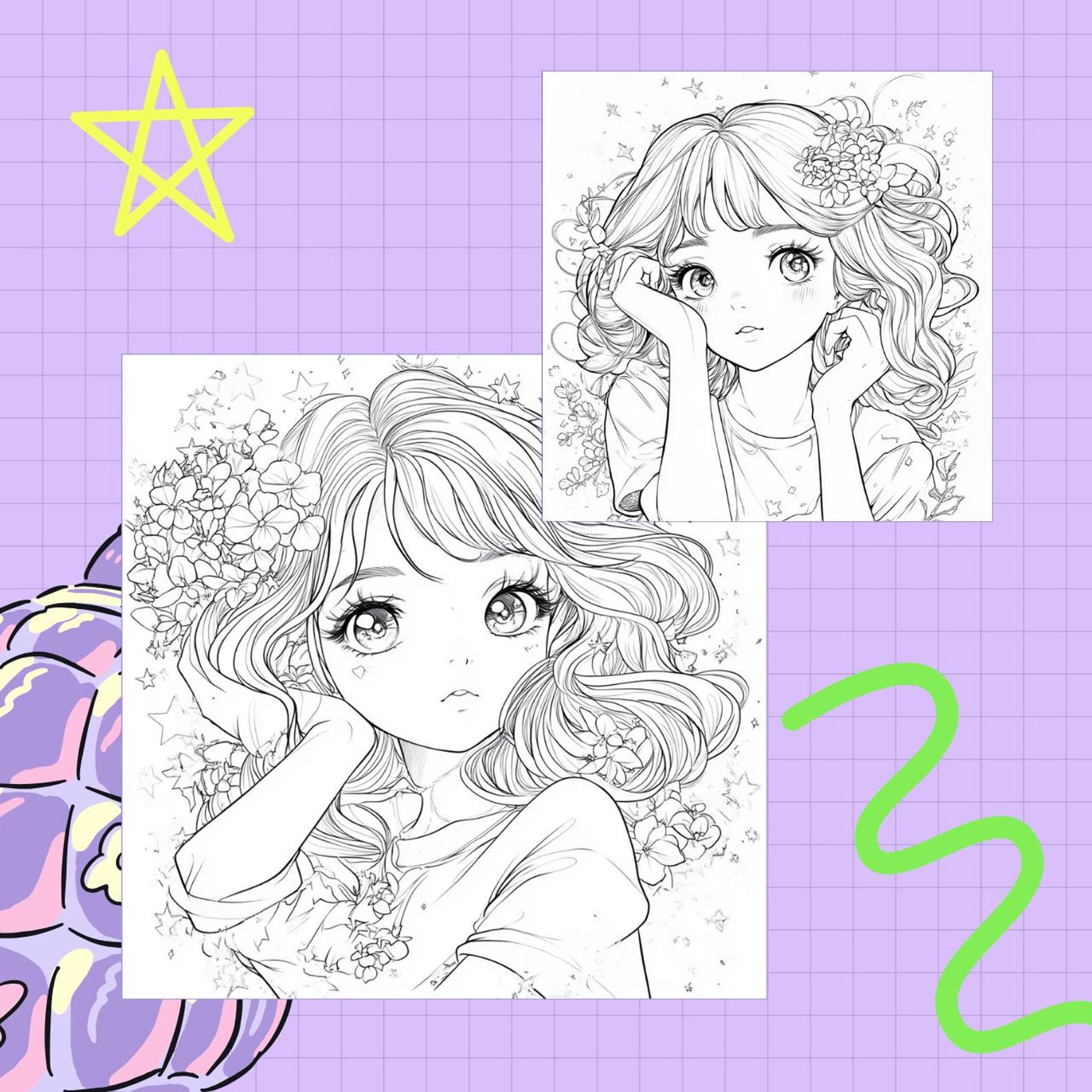 Kawaii Girls Coloring Pages - Etsy