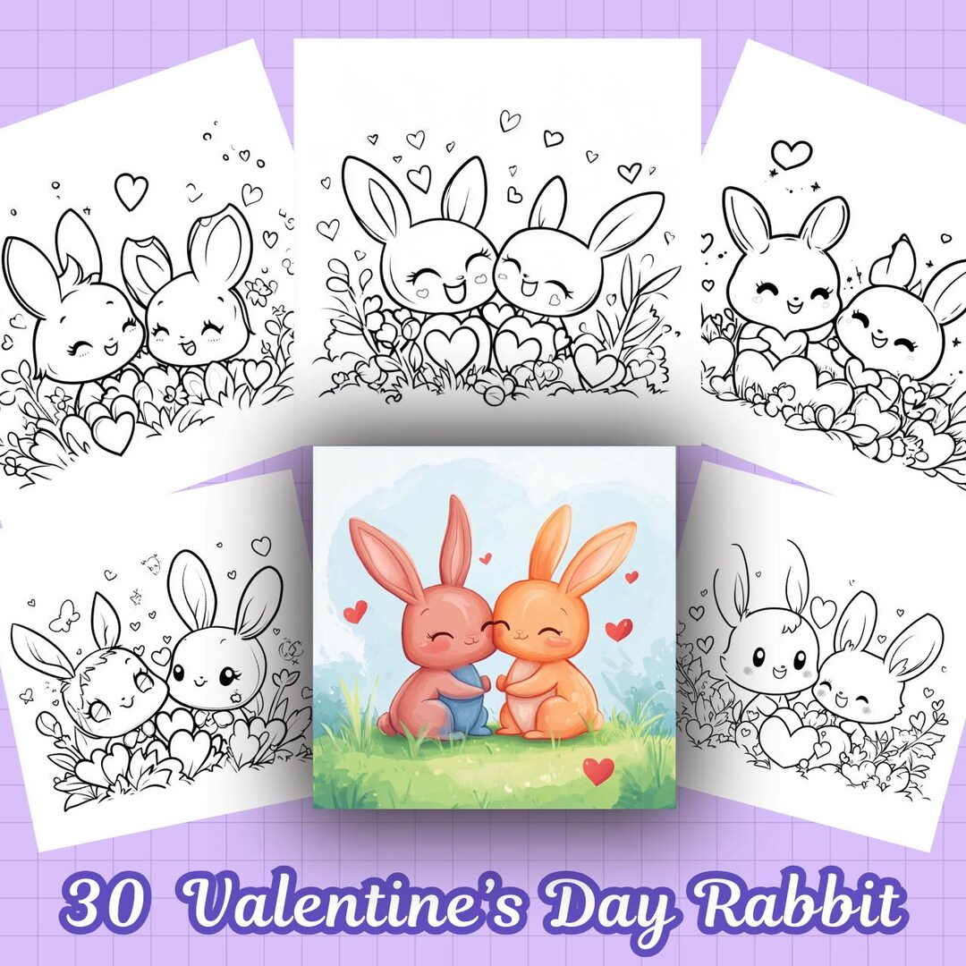 Valentine's Day Rabbits Coloring Pages - Etsy