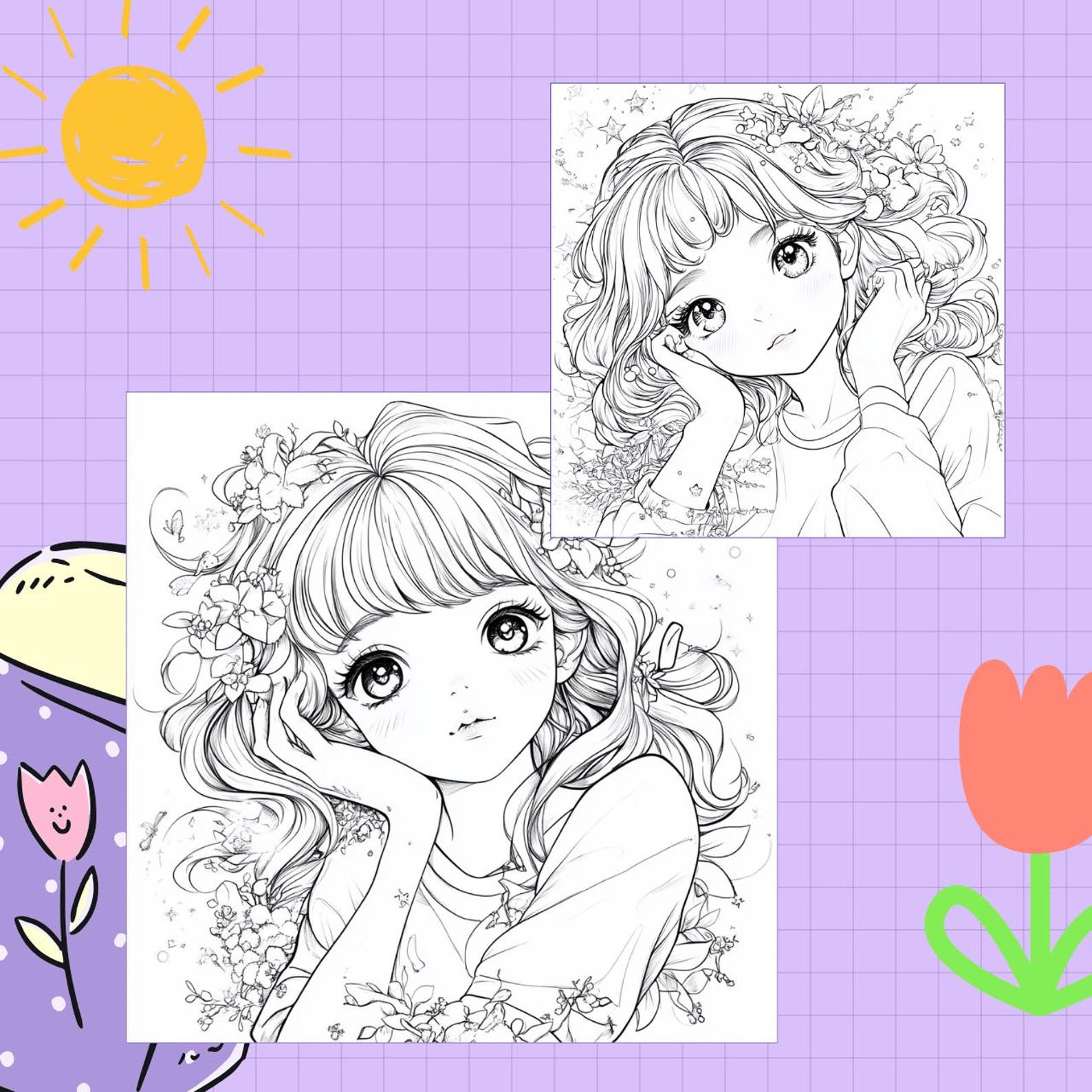 Kawaii Girls Coloring Pages - Etsy