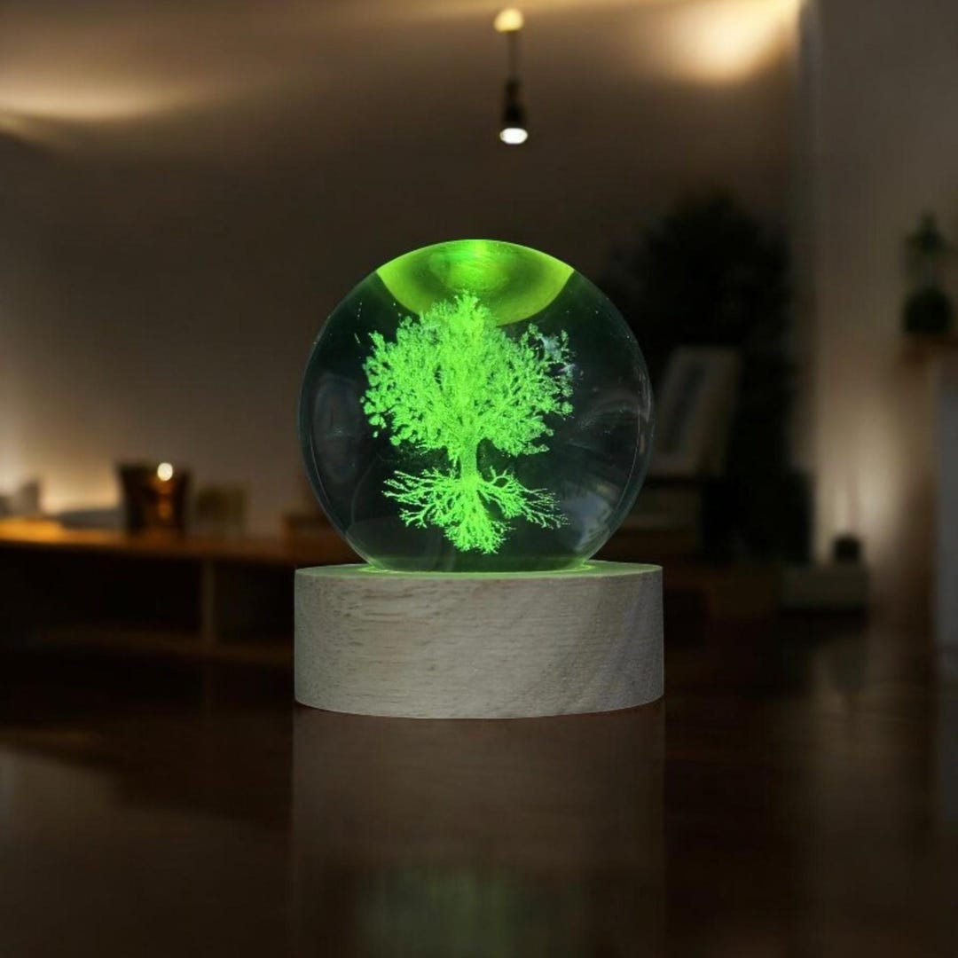 3D Tree of Life Crystal Ball Night Light – LED Bedside Lamp With Wooden ...