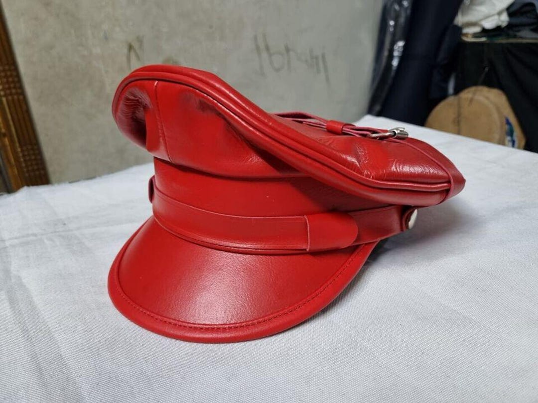 Genuine Leather Red Army Cap Real Leather Muir Biker Hat Peaked Police ...