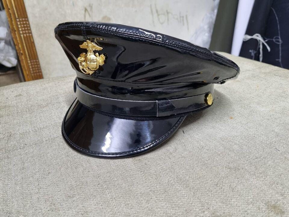 USMC Marine Corps Dress Blue Enlisted Vinyl Service Black Dress Cap Hat ...