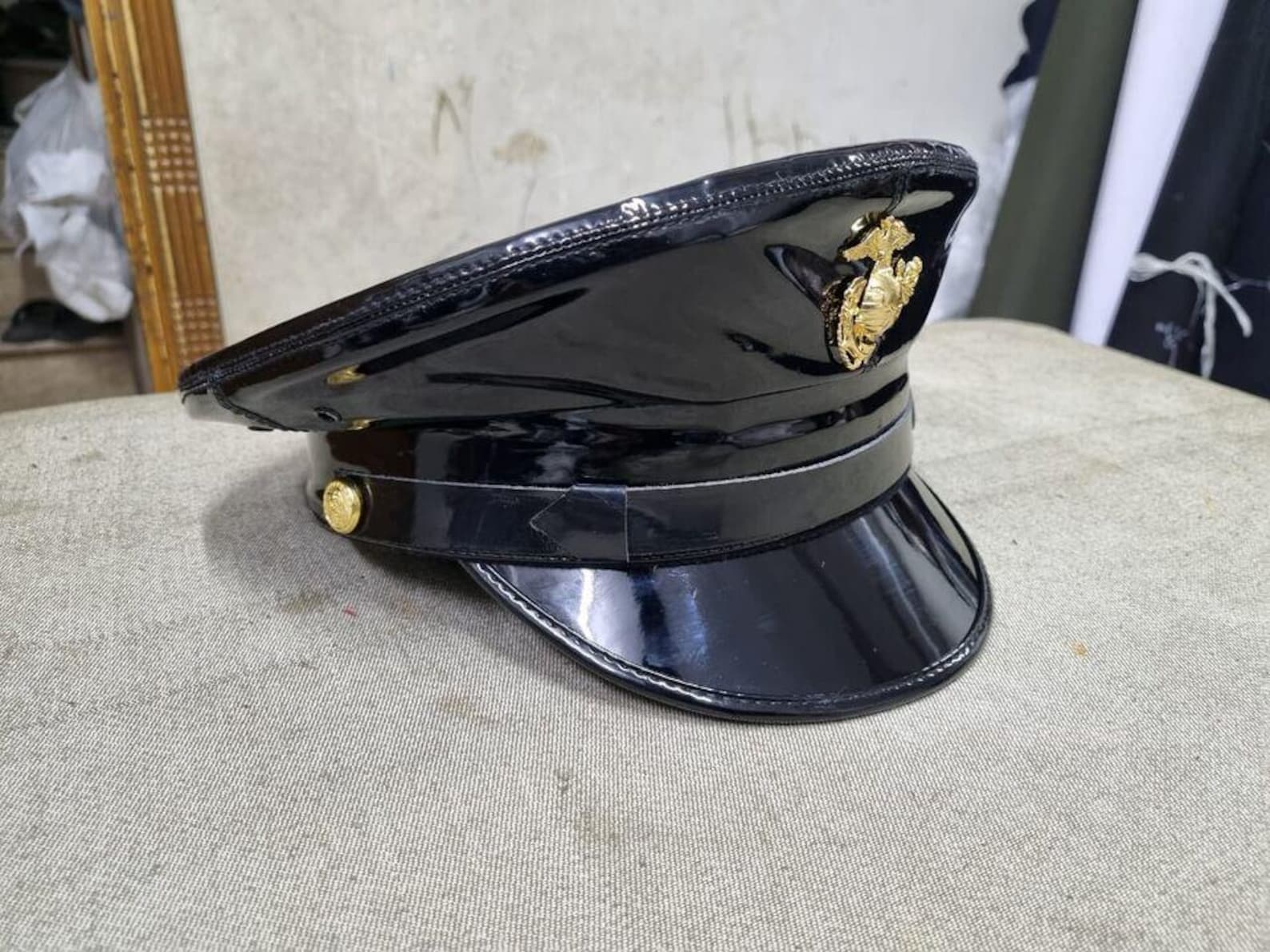 USMC Marine Corps Dress Blue Enlisted Vinyl Service Black Dress Cap Hat ...