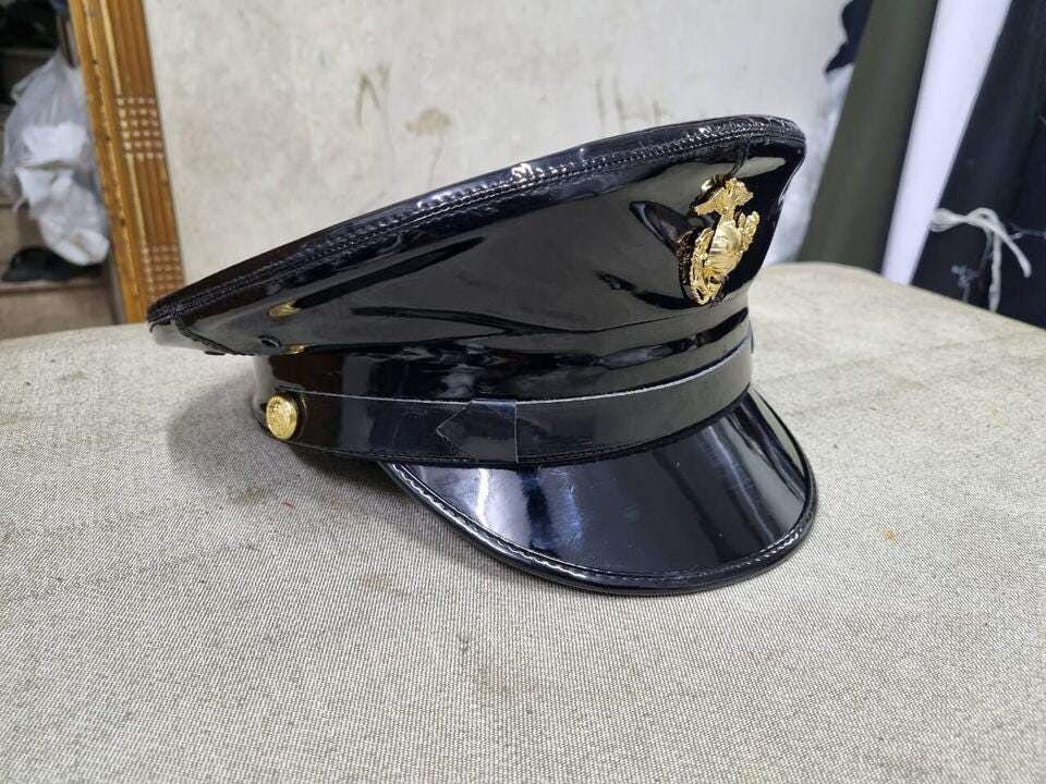 USMC Marine Corps Dress Blue Enlisted Vinyl Service Black Dress Cap Hat ...