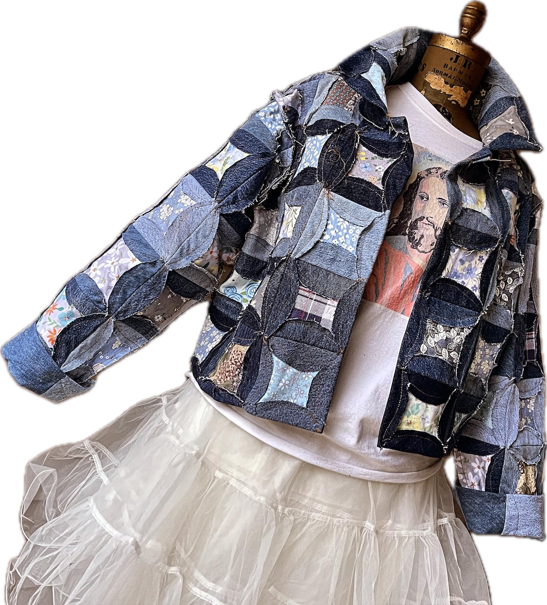 Cropped Chore Coat / Denim Quilt Patchwork / French Style Workcoat / L ...