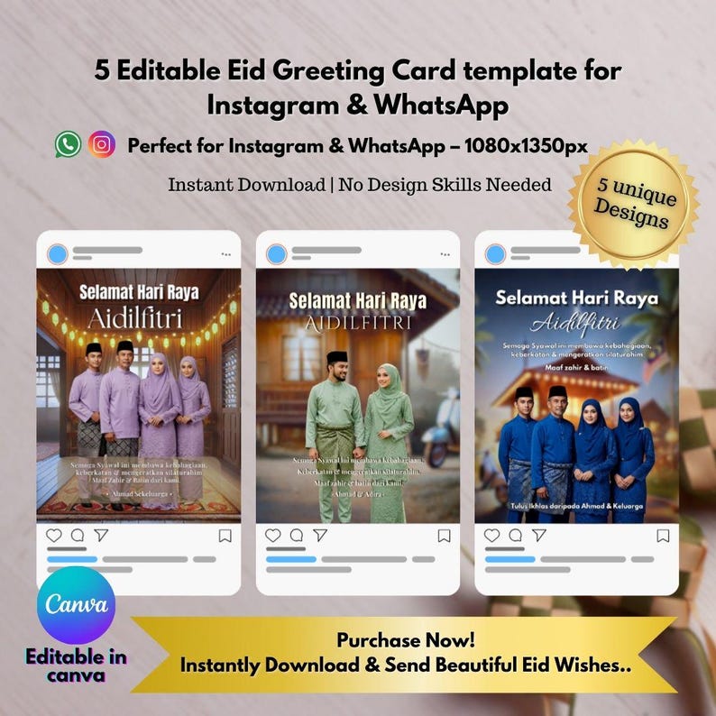 Editable Hari Raya Card | Canva Template | Instagram and Whatsapp | Instant Download | Kad Raya ...