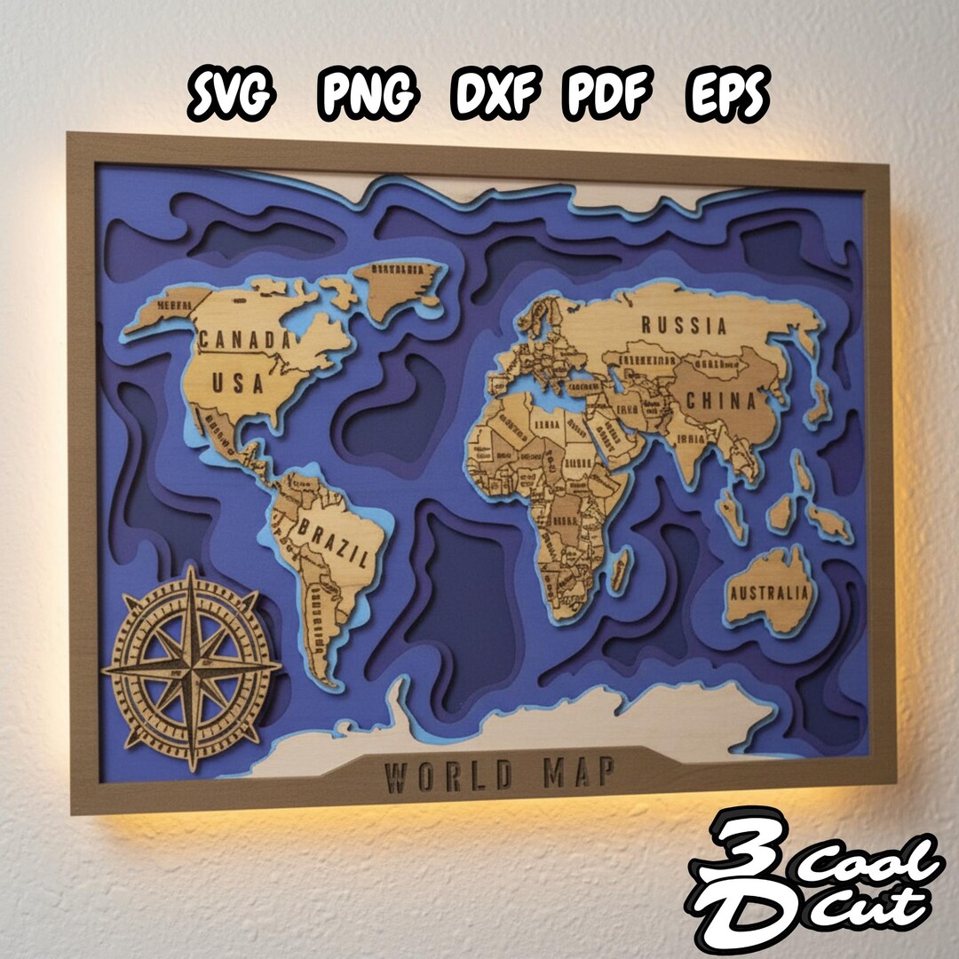 3D Multilayer World Map Laser Cut SVG, Wooden Wall Art CNC File ...