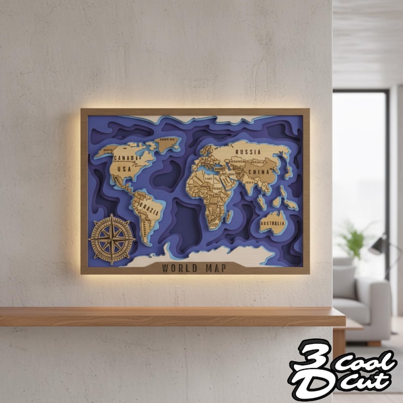 3D Multilayer World Map Laser Cut SVG, Wooden Wall Art CNC File ...