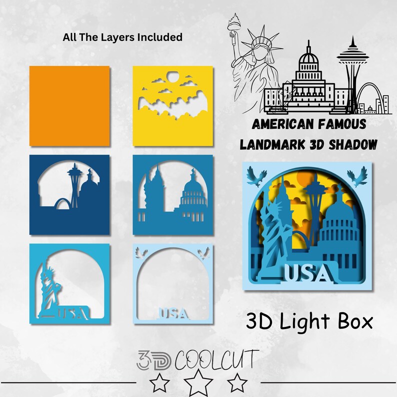 3D American Landmark Shadow Box SVG: Patriotic Papercut Light Box - Etsy