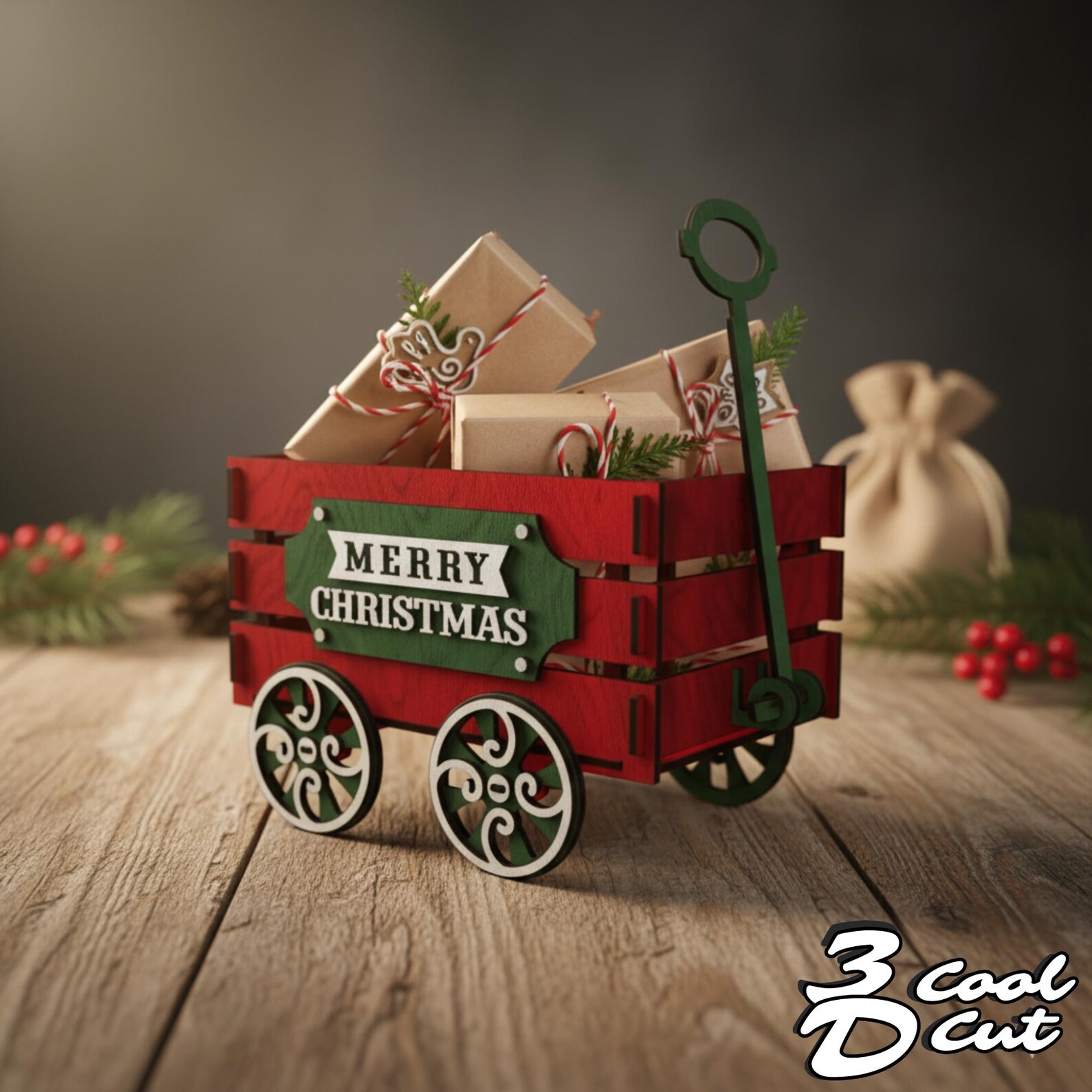 Christmas Wagon SVG, Merry Christmas Cart Laser Cut File, 3D Wooden ...