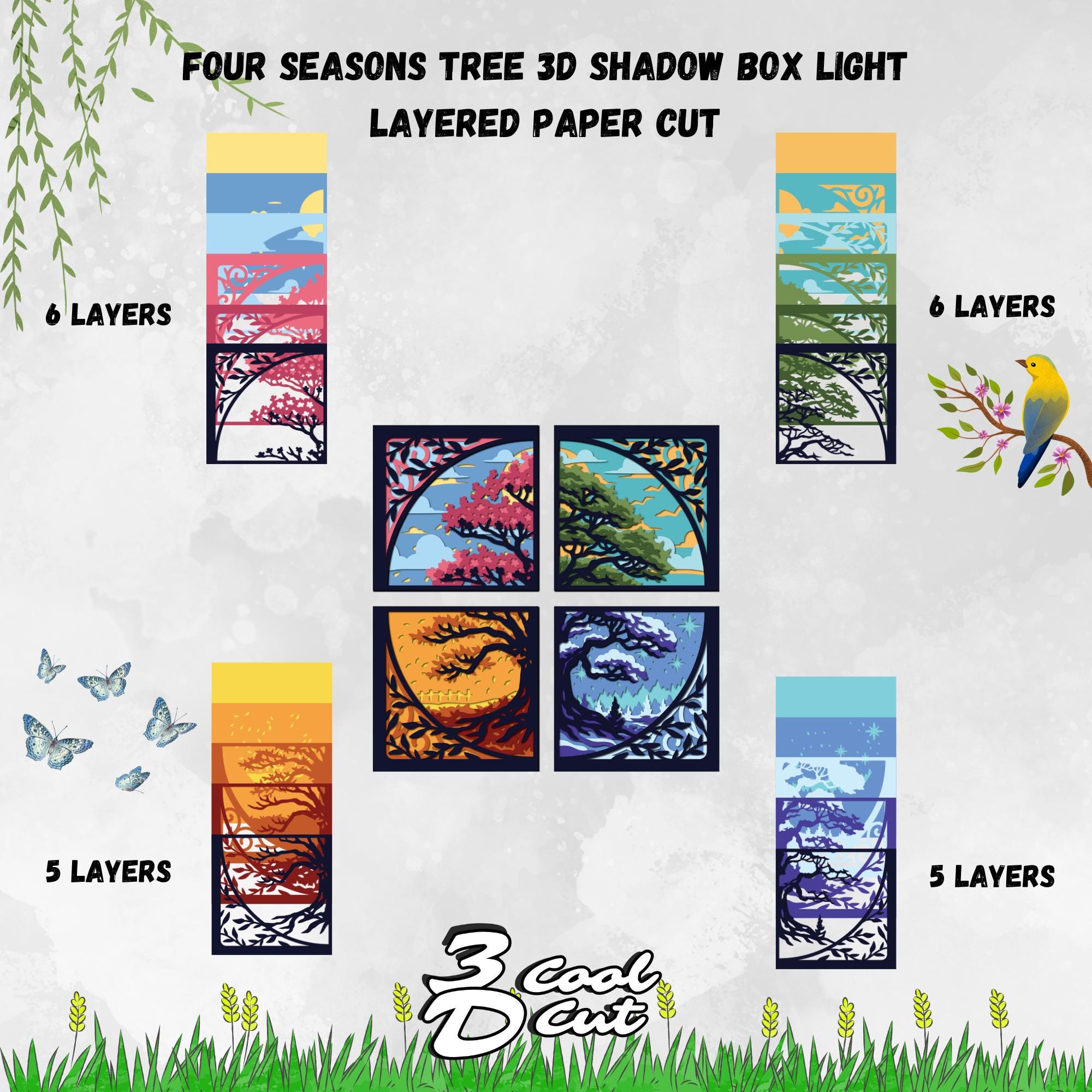 Four Seasons Tree 3D Shadow Box SVG, Layered Landscape Papercut ...