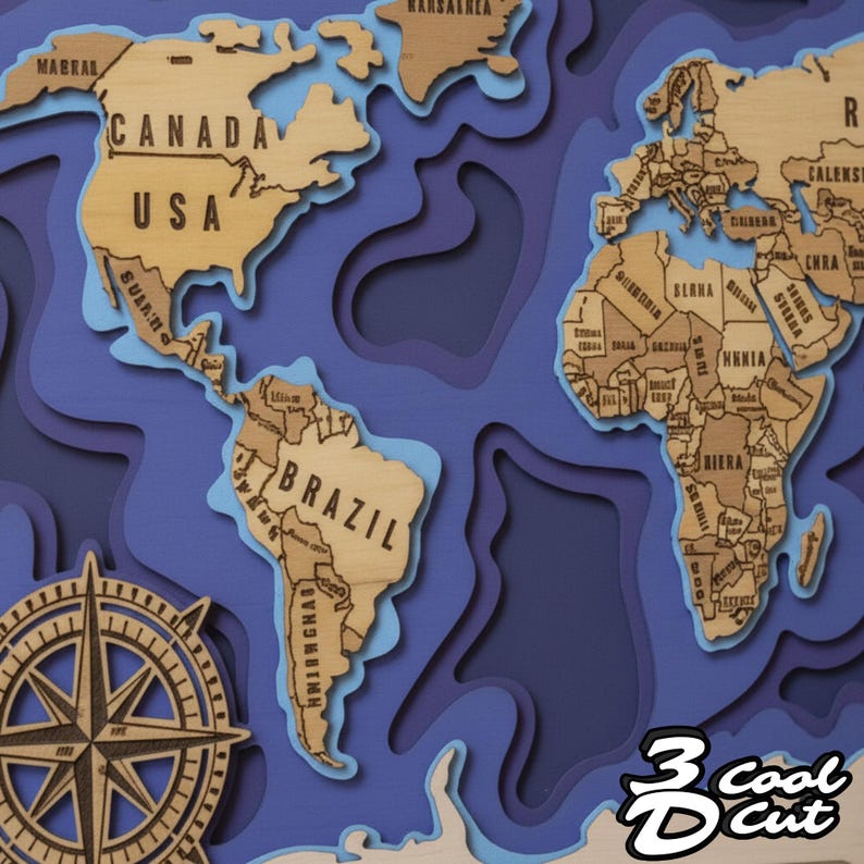 3D Multilayer World Map Laser Cut SVG, Wooden Wall Art CNC File ...