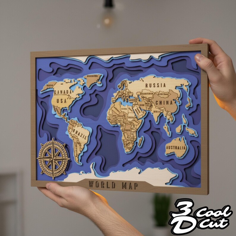 3D Multilayer World Map Laser Cut SVG, Wooden Wall Art CNC File ...